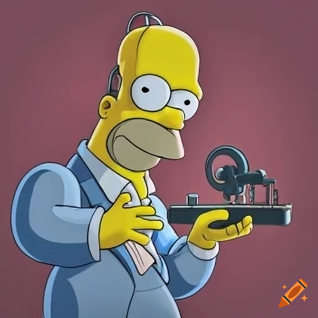 Quirky pose of Homer Simpson with a vintage telegraph machine on Craiyon