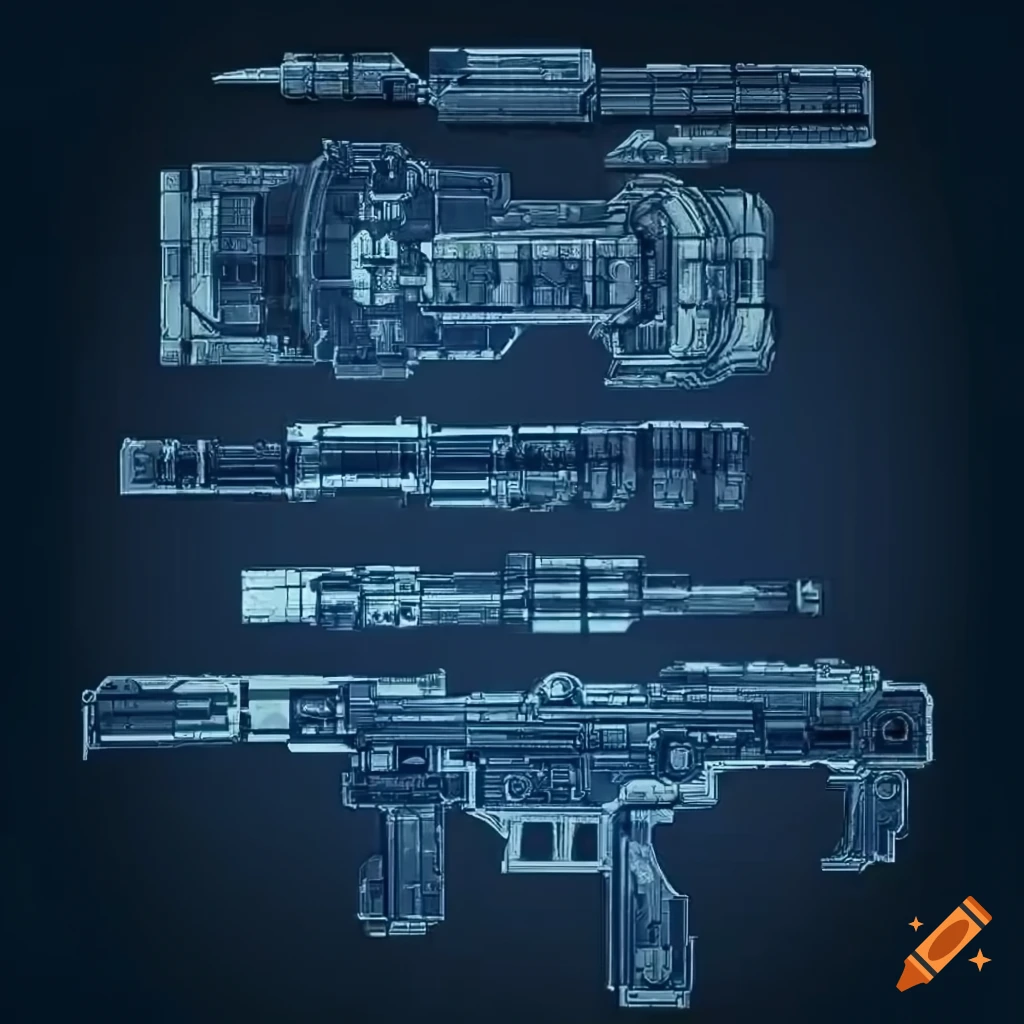 Detailed blueprint of a sci-fi weapons system on Craiyon