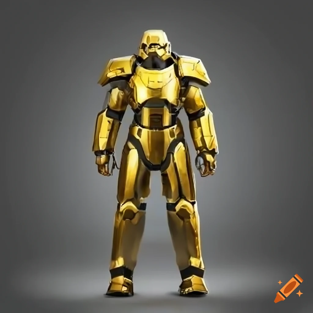 Full body shot of golden power armor on Craiyon