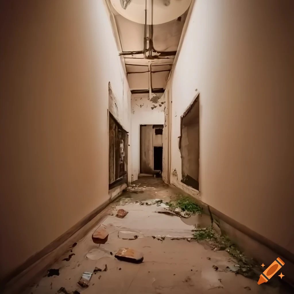 Abandoned narrow dusty tan hallway with ceiling fans on Craiyon