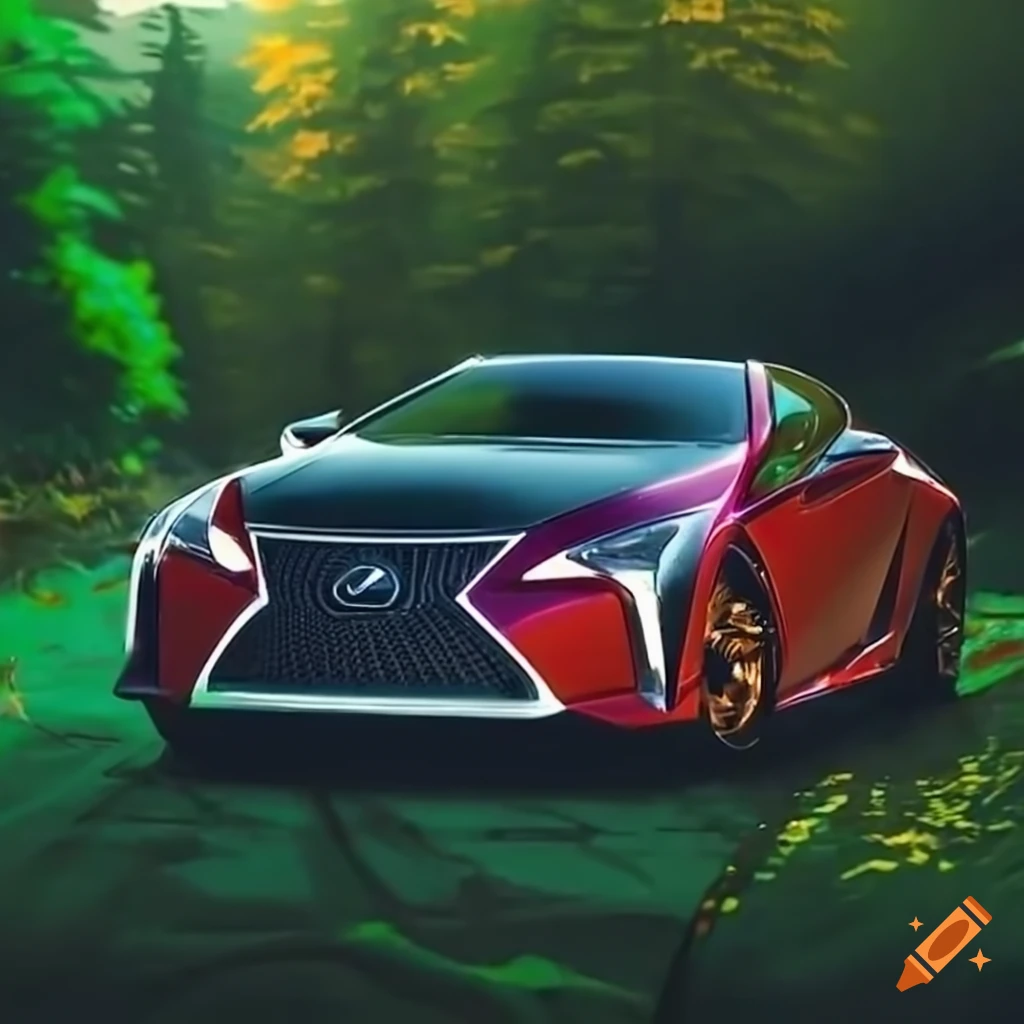 Red lexus lc500 in lush green forest with golden wire wheels on Craiyon