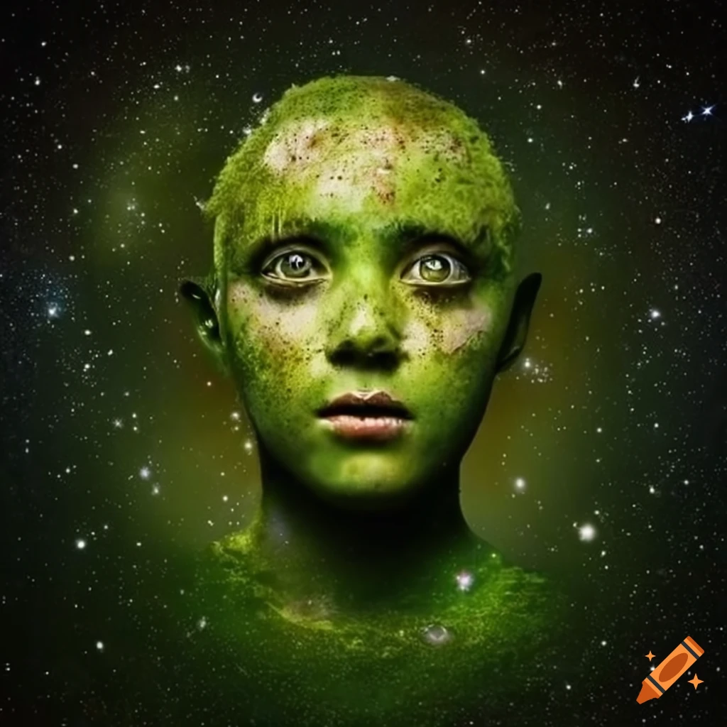 Moss-covered human faces with the milky way and planets in the backdrop ...