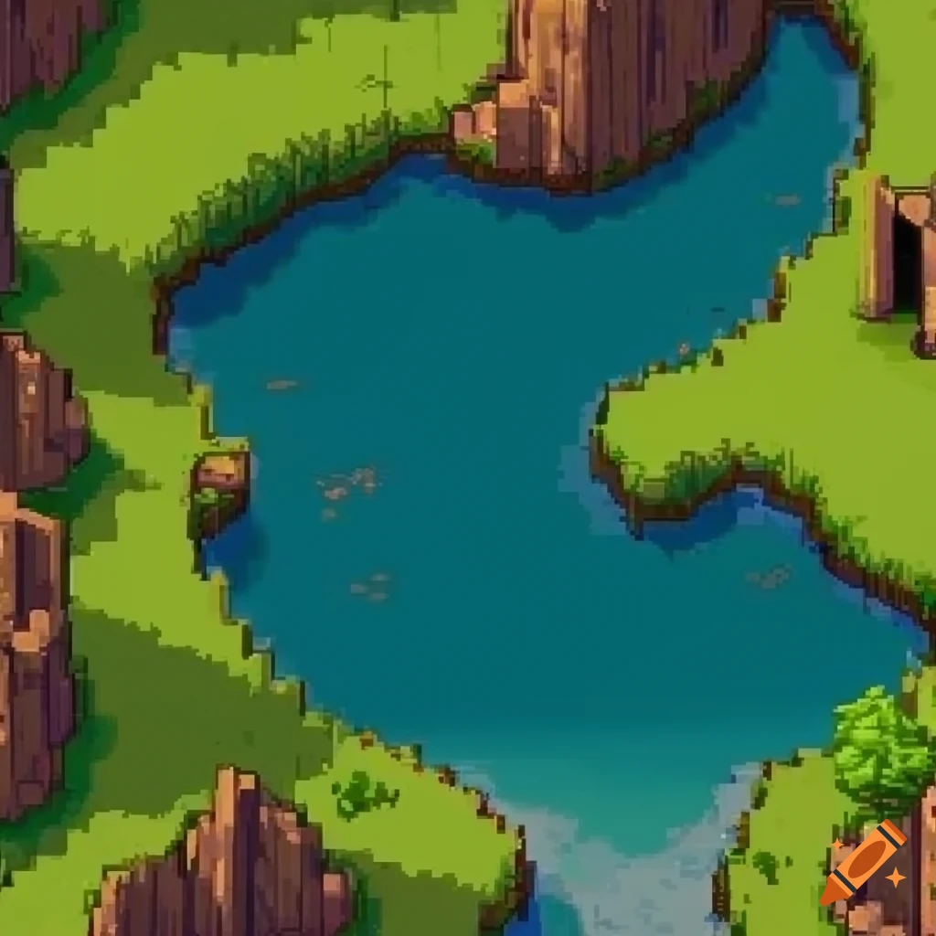 River near ancient ruins in 2d pixel art under a sunny sky on Craiyon