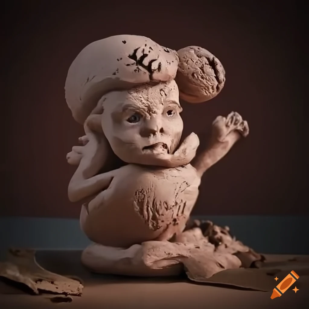 Clay figure emerging from the ground in a purgatory scene on Craiyon