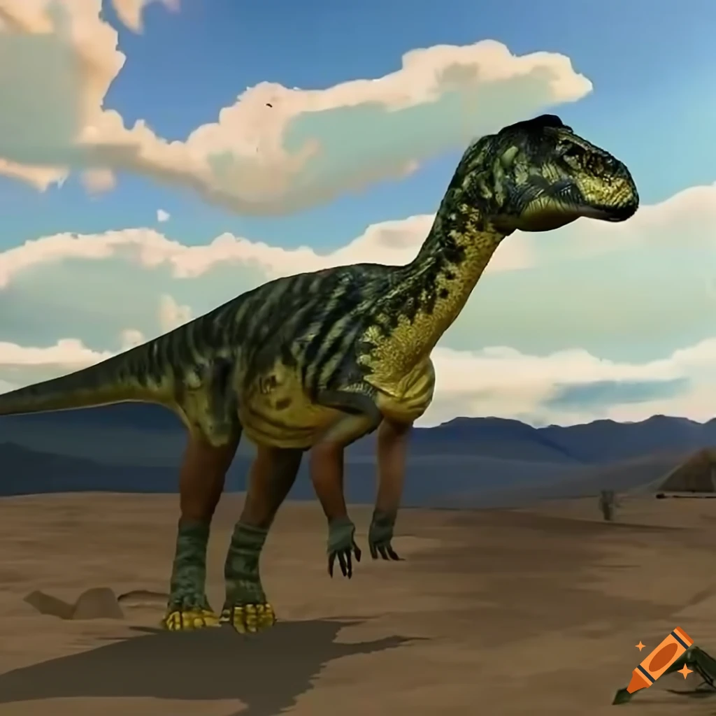 Colorful hadrosaurus dinosaur with intricate patterns and scaly skin in warm morning light on ...