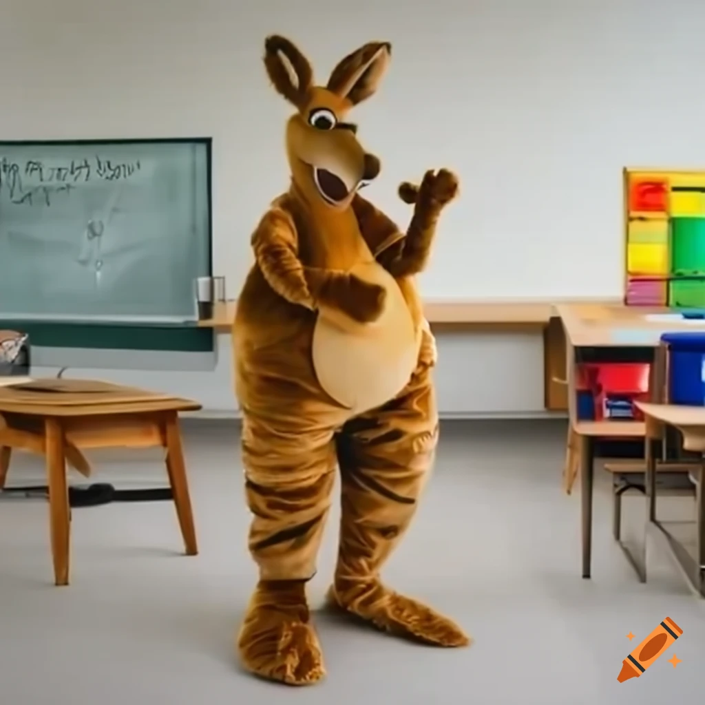 Tall female teacher in kangaroo mascot costume in classroom on Craiyon