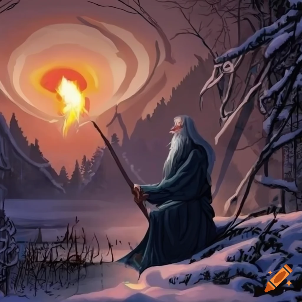 Gandalf by a warm fire in a snowy fantasy landscape at night on Craiyon
