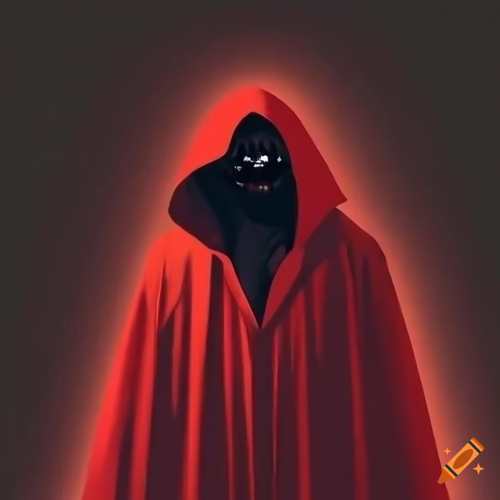 Mysterious man in a dark cloak with red eyes and shadowy background on ...
