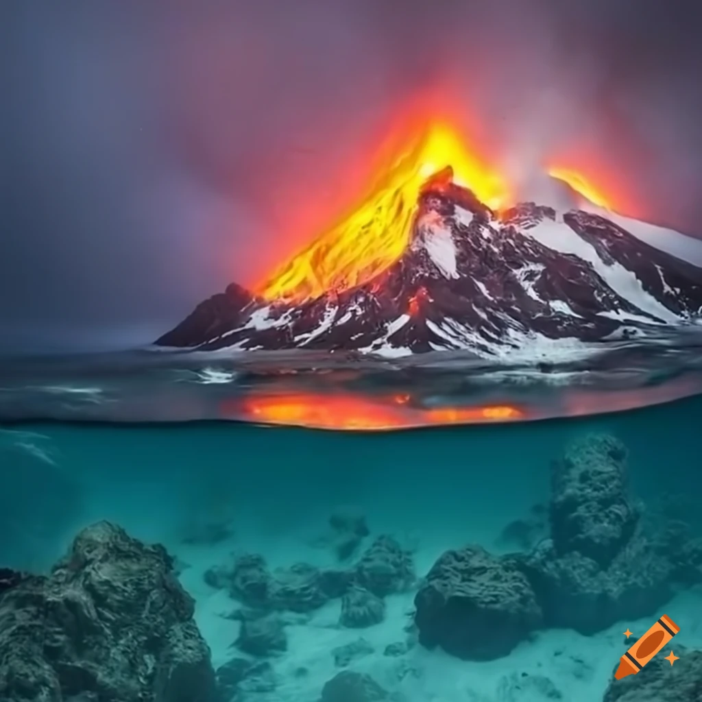 Underwater mountain range with steam vents and volcanic eruptions on Craiyon