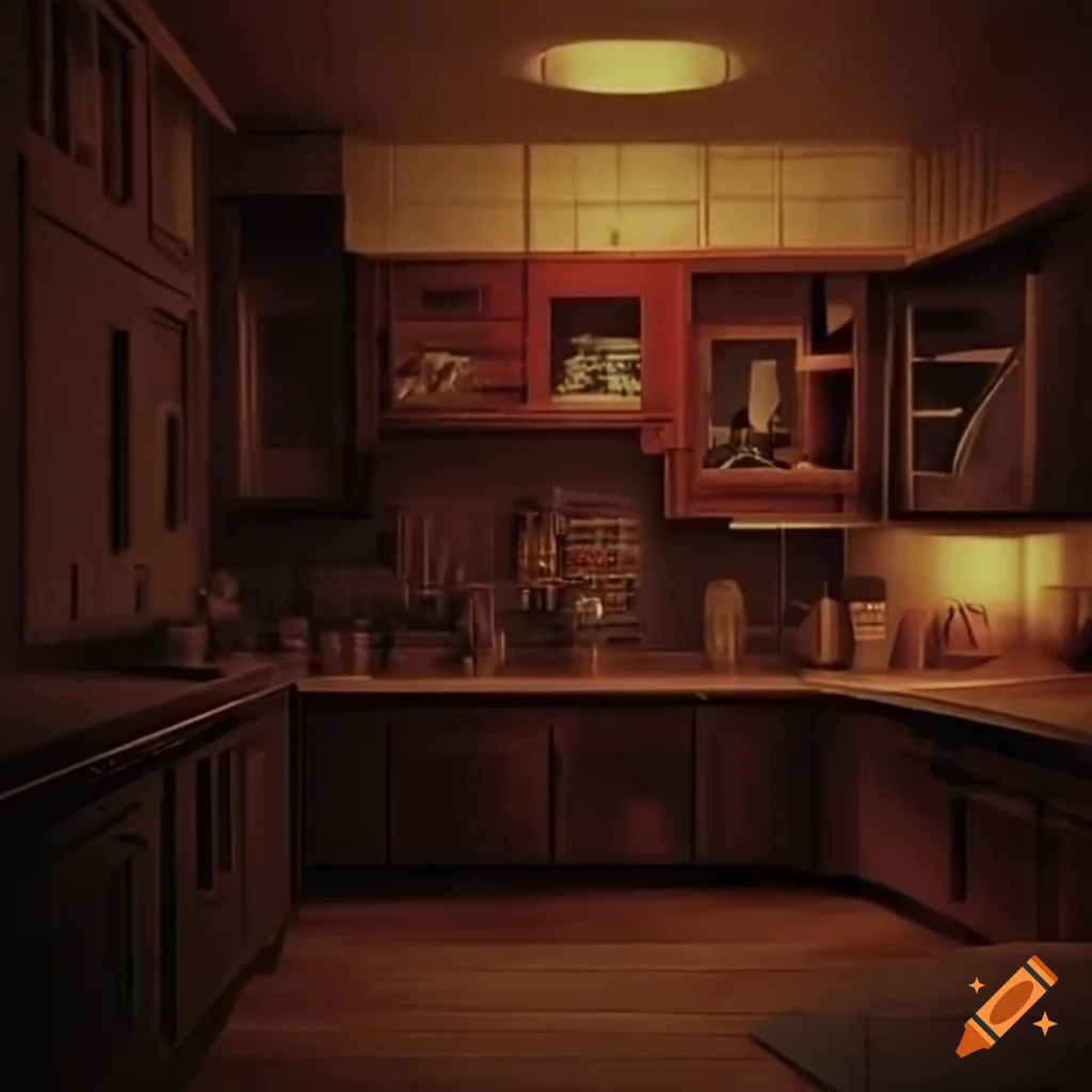 Liminal space kitchen with old vhs effect creating a creepy realistic ...