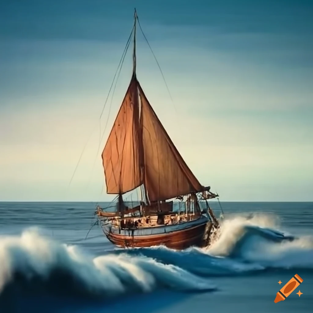 Old sailboat riding a tidal wave on Craiyon