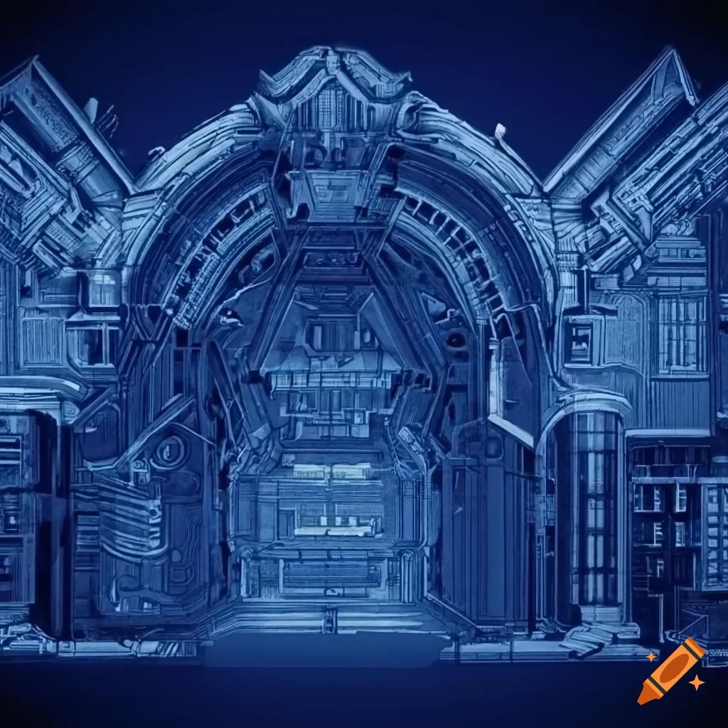 Detailed engineering blueprint of a scifi complex construction on Craiyon