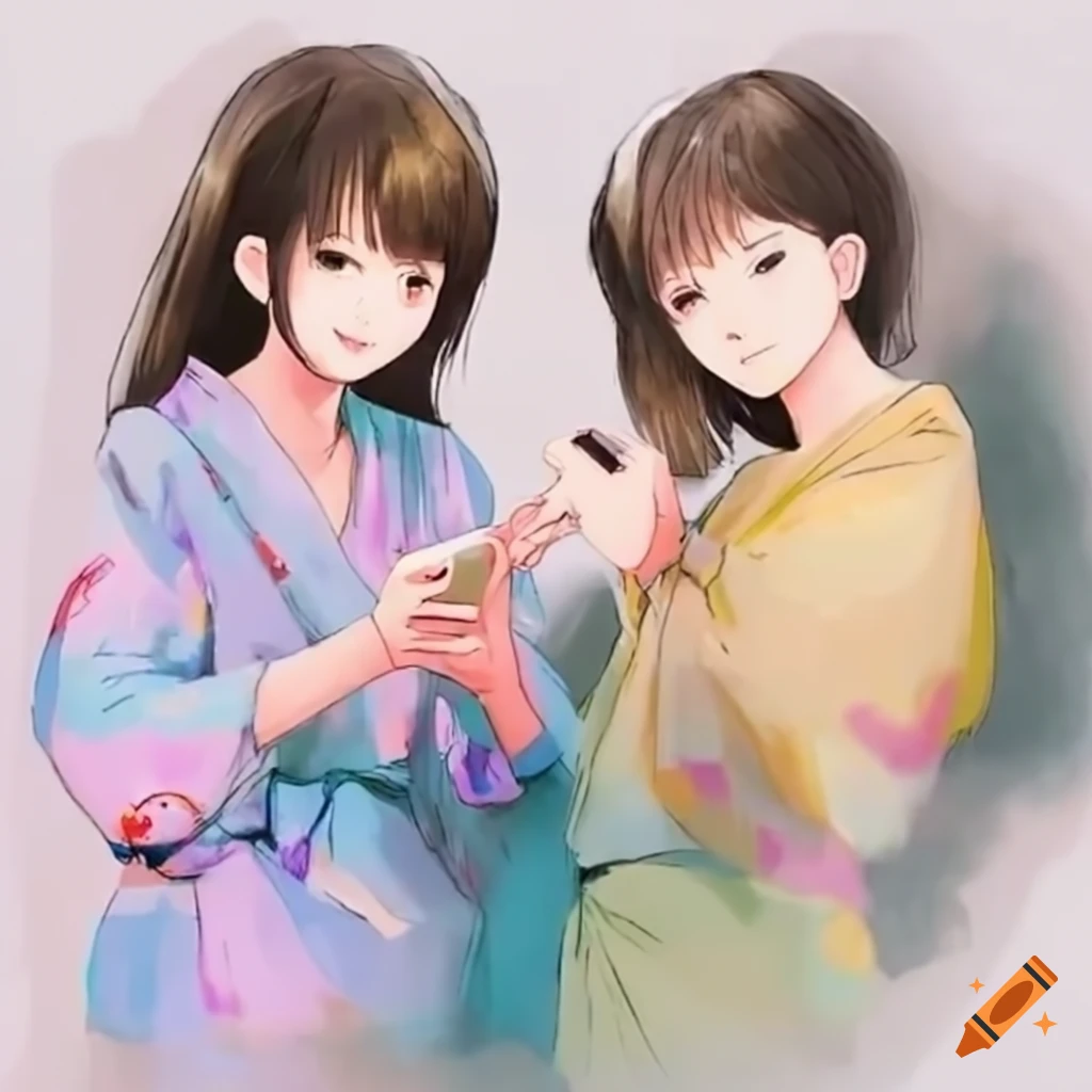 Two Japanese women gossiping into their smartphones in manga style on ...
