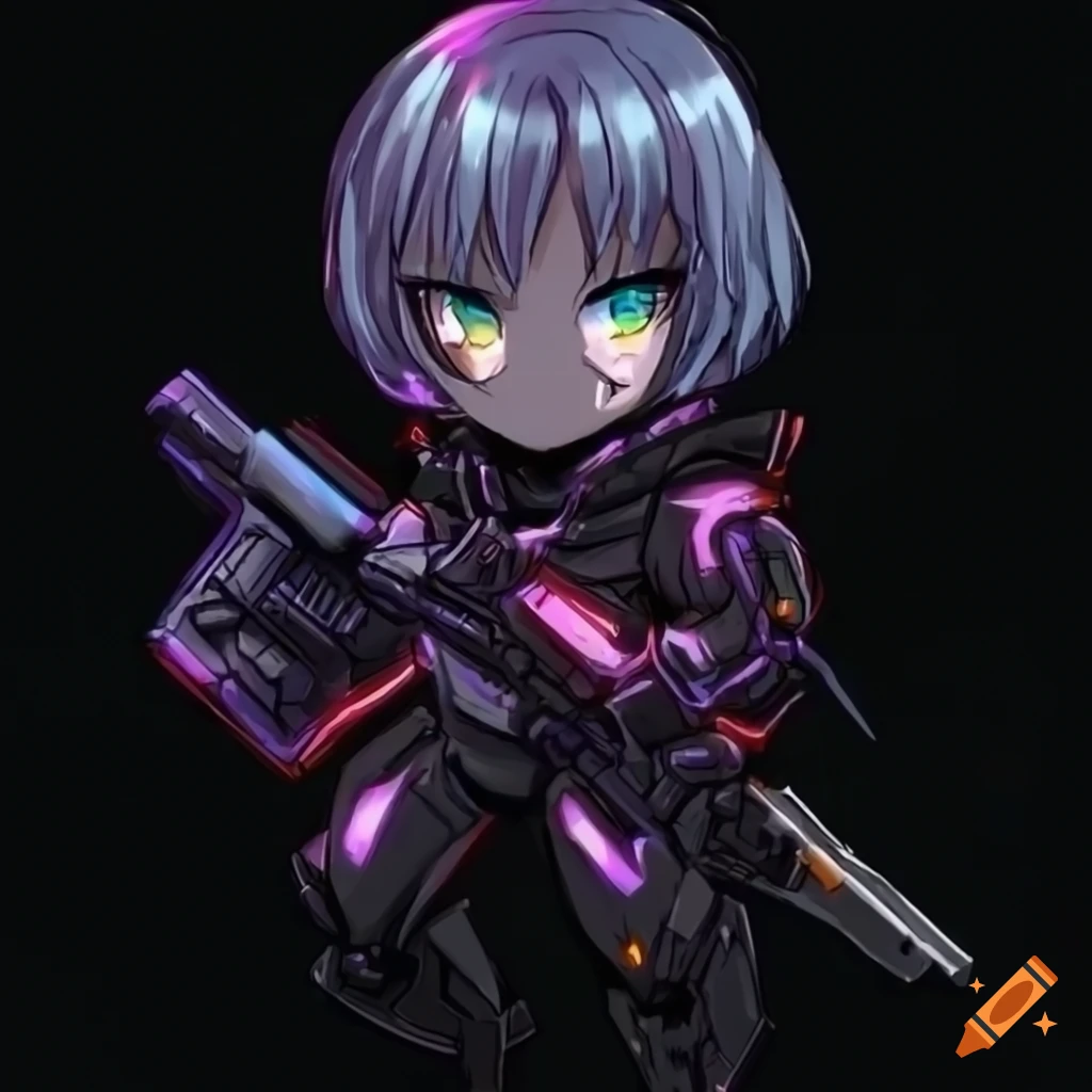 Chibi sci-fi anime style hero in full armor wielding neo-plasma weapons ...