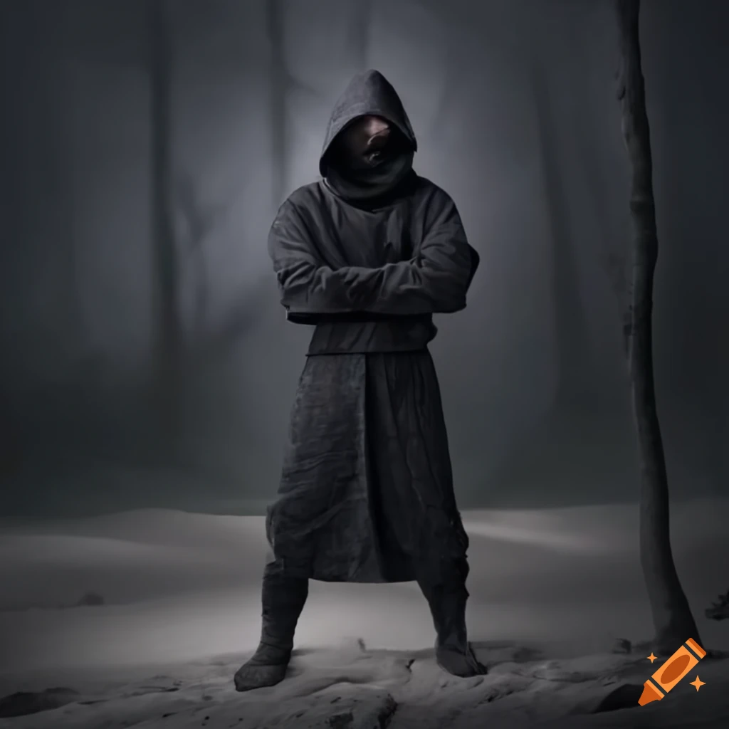 Hooded ninja moving through barren mountains into a dark forest on Craiyon