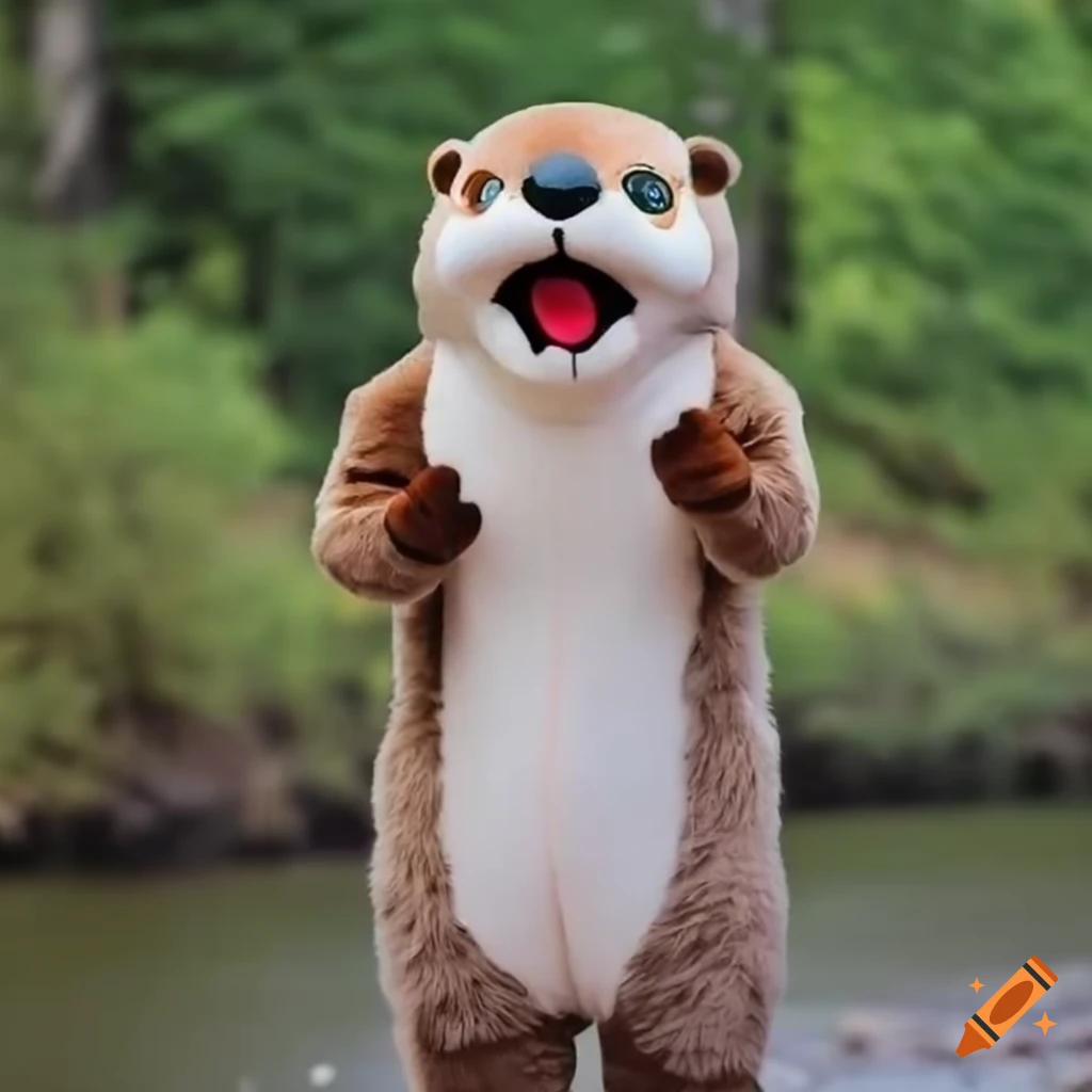 Mother wearing a full body cartoony otter mascot costume fursuit on Craiyon