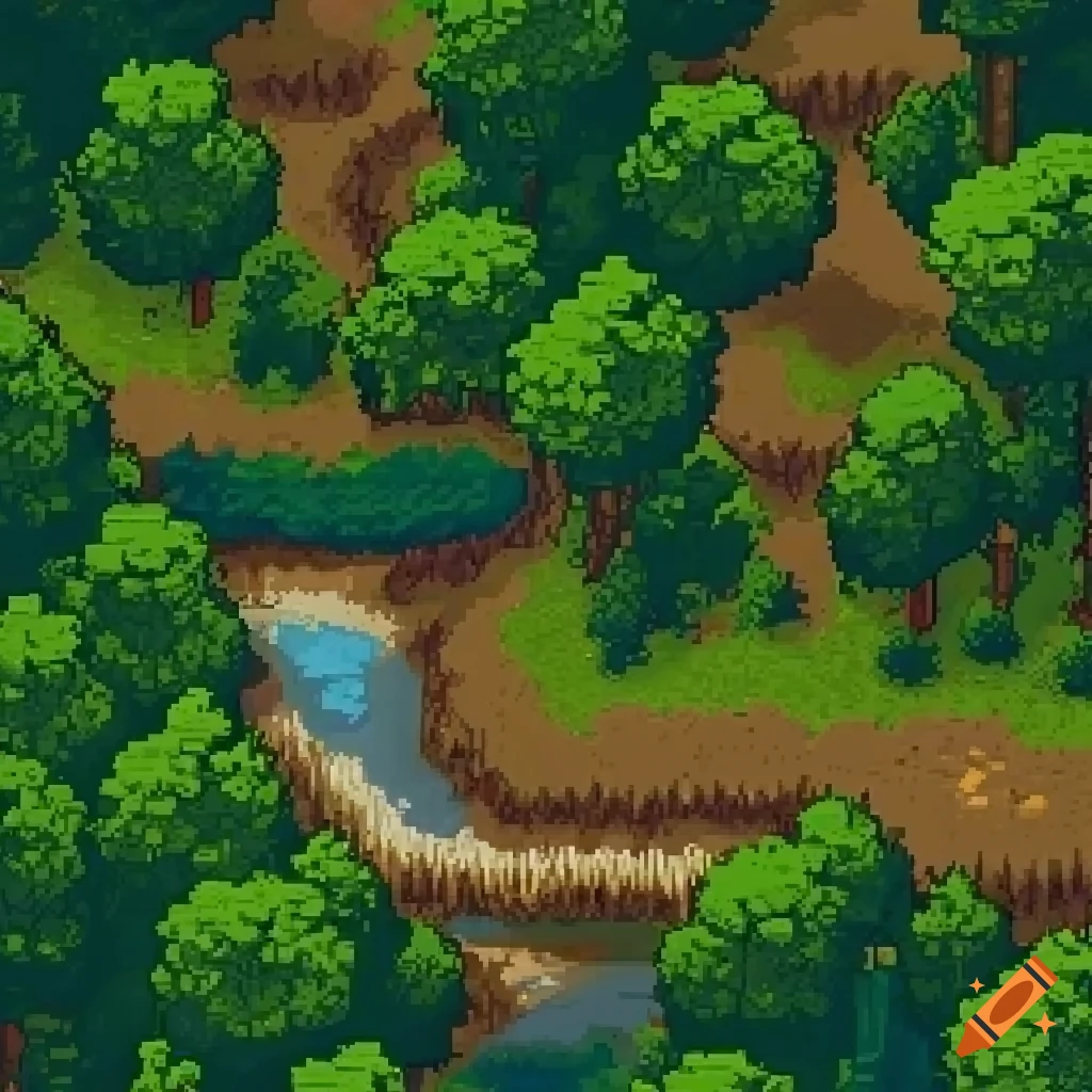 Pixel art of trees near a river in a top-down rpg maker tileset on Craiyon