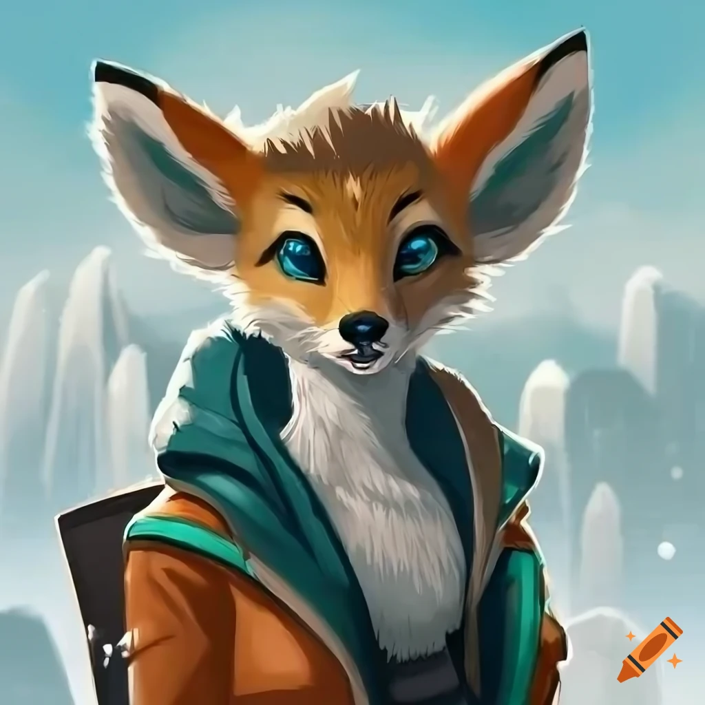 Artwork of a female deer-fox hybrid wearing a sci-fi jacket in an alien ...