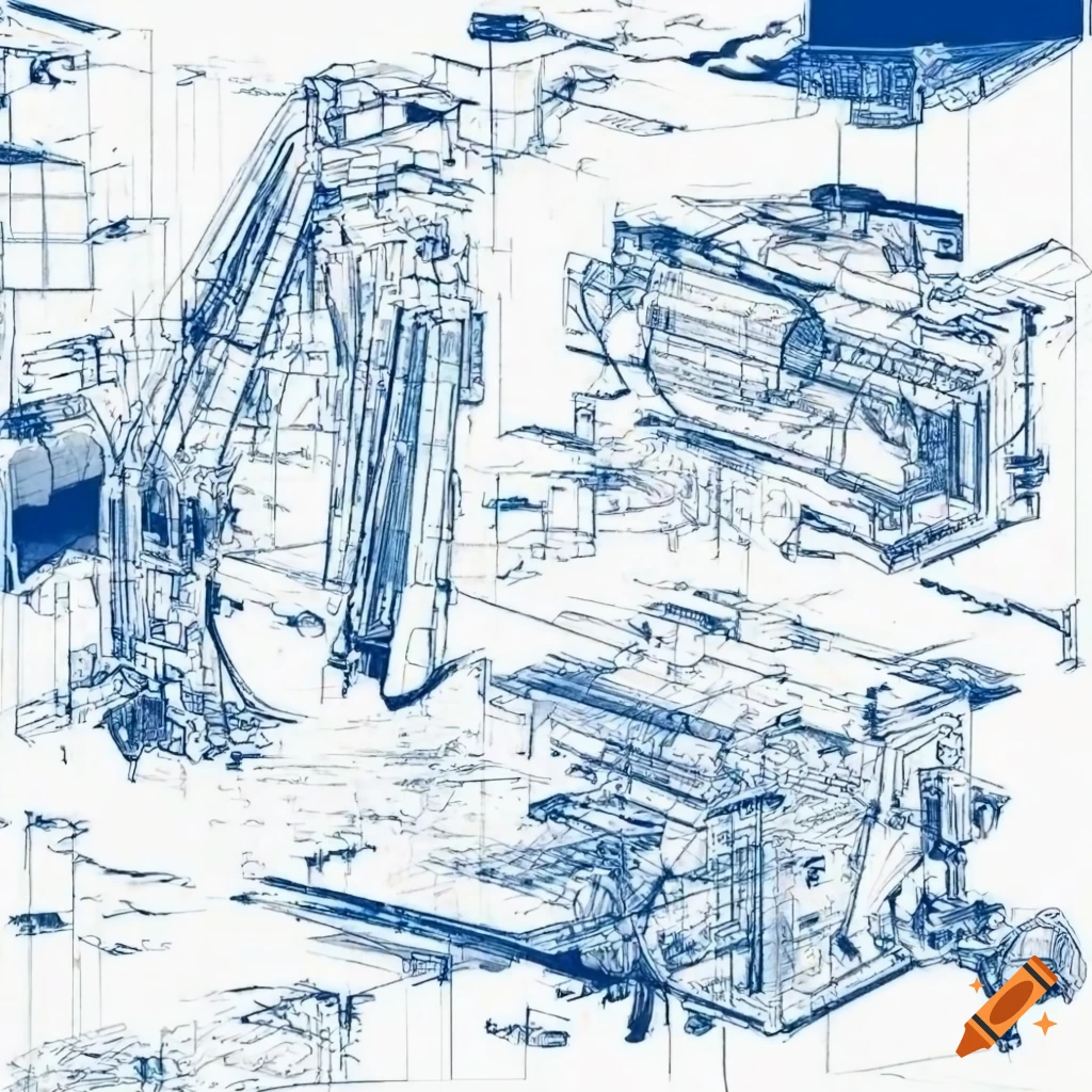 Detailed engineering blueprint of a scifi complex construction on Craiyon