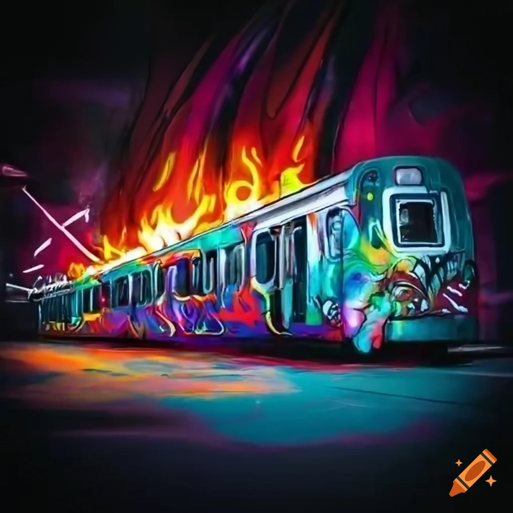 Japanese graffiti style on a subway car with bright colors on Craiyon