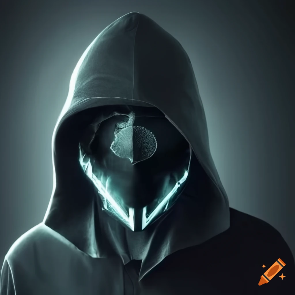 Hooded mastermind with tech mask in dark surreal background on Craiyon