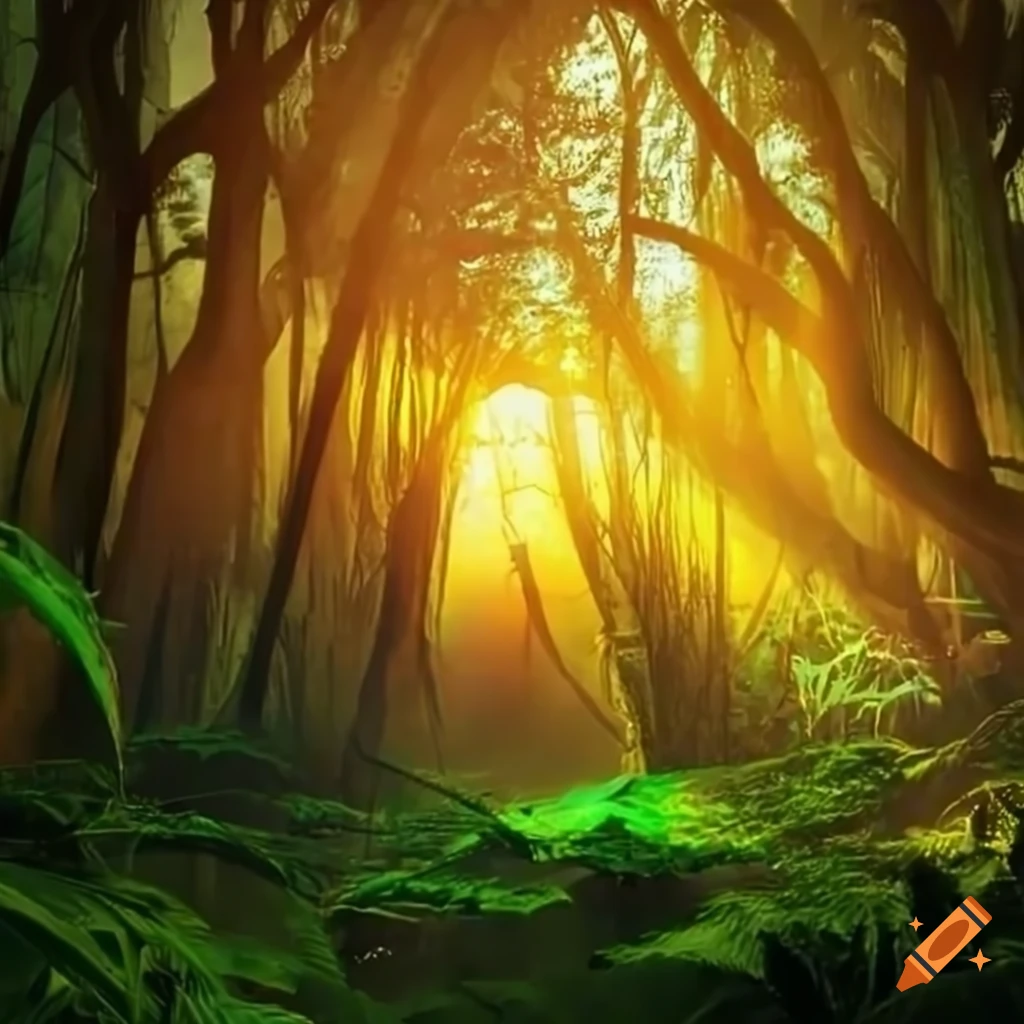 Beautiful golden jungle with sunlight streaming through on Craiyon