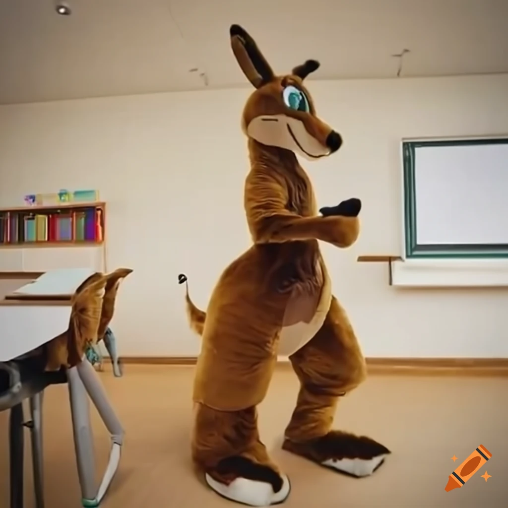 Female teacher in kangaroo mascot costume in classroom on Craiyon