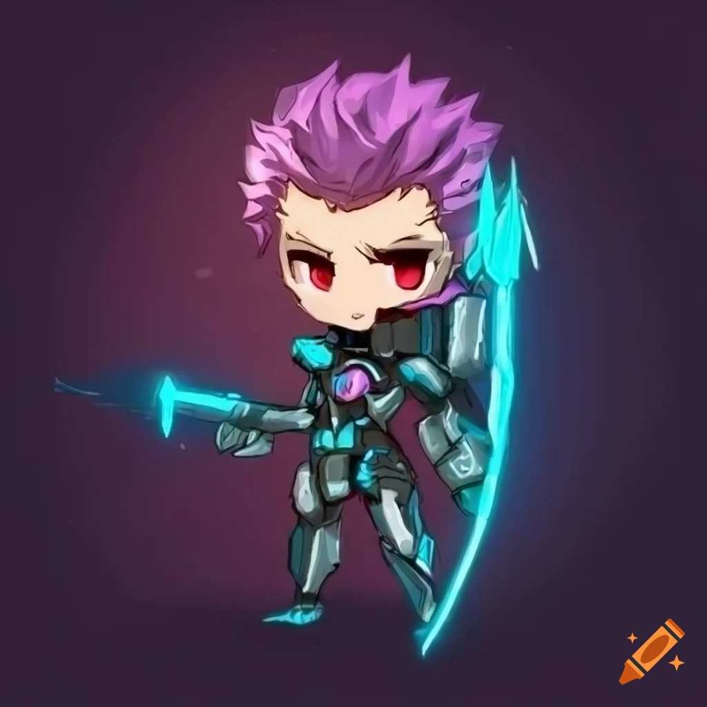 Chibi sci-fi anime style hero in full armor wielding neo-plasma blades ...