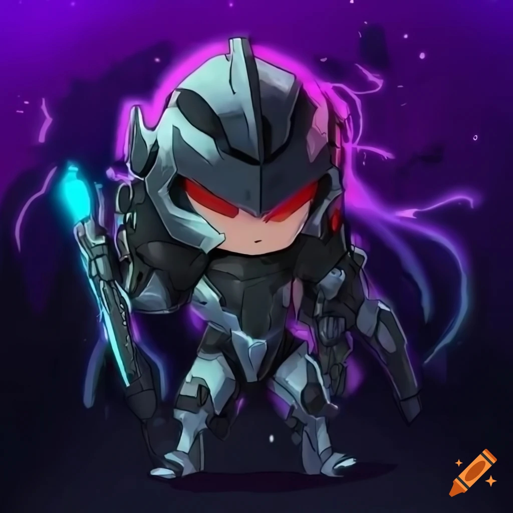 Chibi sci-fi anime hero in full armor wielding neo-plasma blades on Craiyon