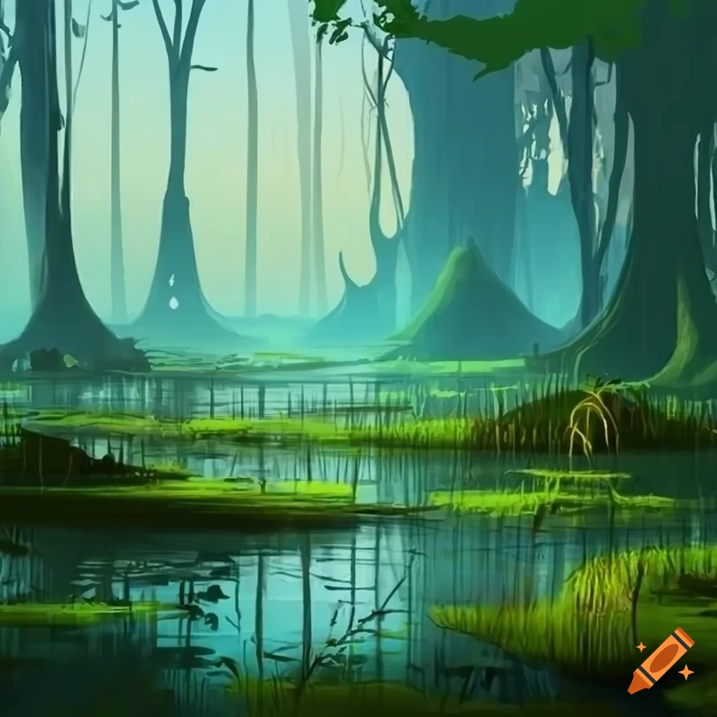 Sunny day landscape of a fantasy swamp on Craiyon