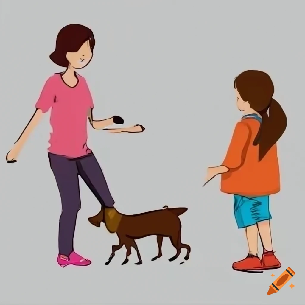 Person walking dog with child wanting to pet, simple outline on Craiyon