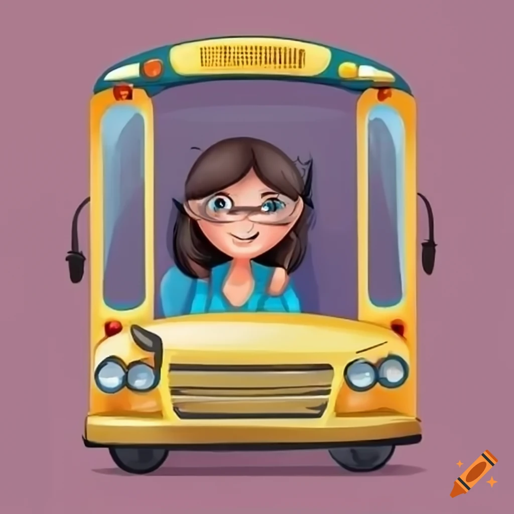 Cartoon female sitting in front window of a school bus on Craiyon