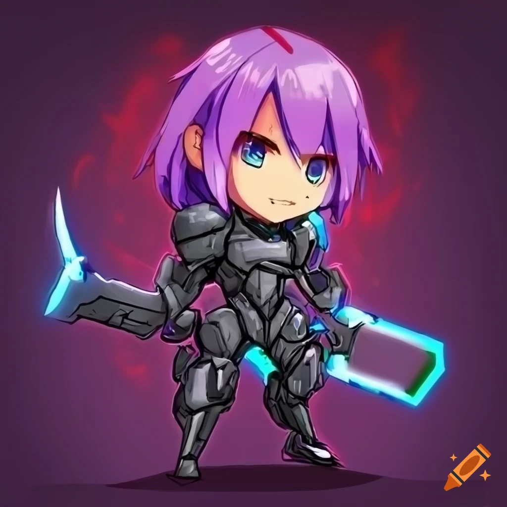 Chibi sci-fi anime style hero in full armor with neo-plasma blades on ...