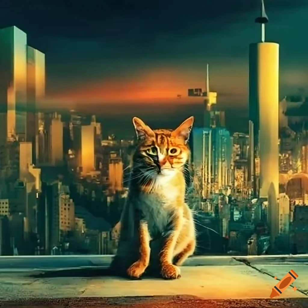 Metropolis overgrown by nature with roaming cats on Craiyon