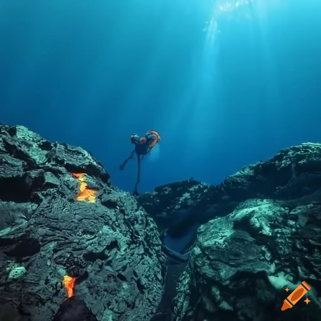 Underwater mountain range with steam vents and volcanic eruptions on Craiyon