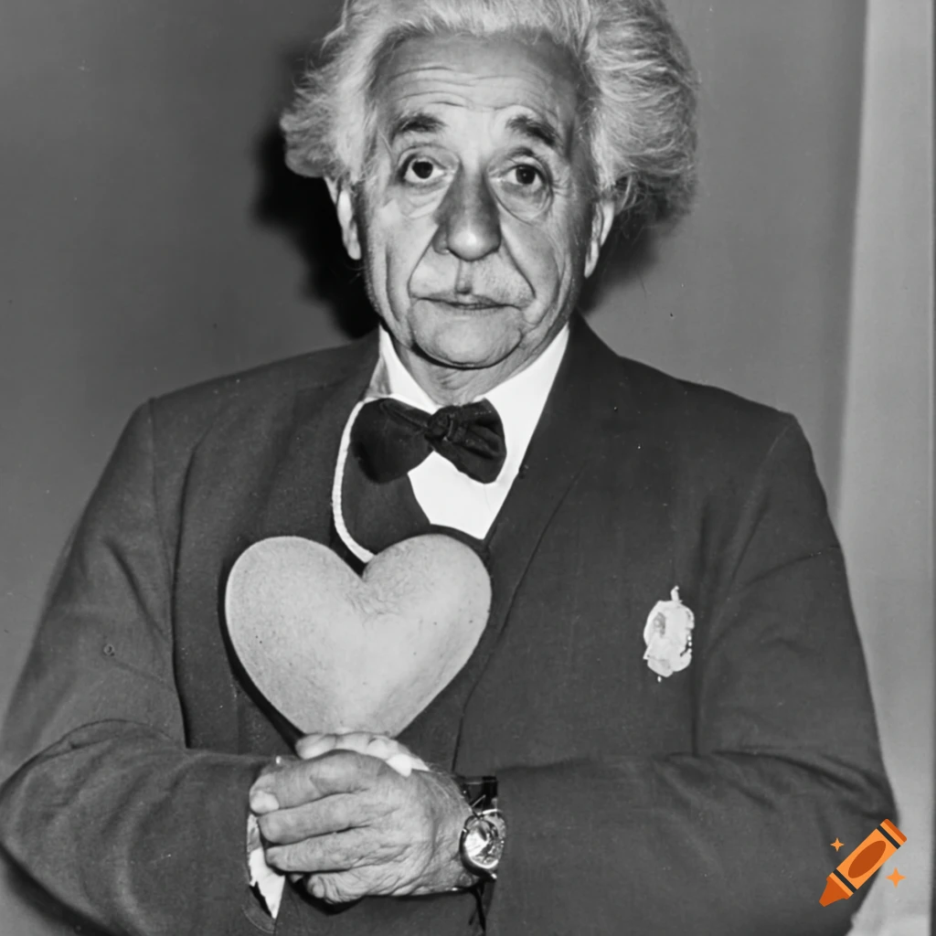Albert Einstein holding a huge heart in a paparazzi photograph on Craiyon