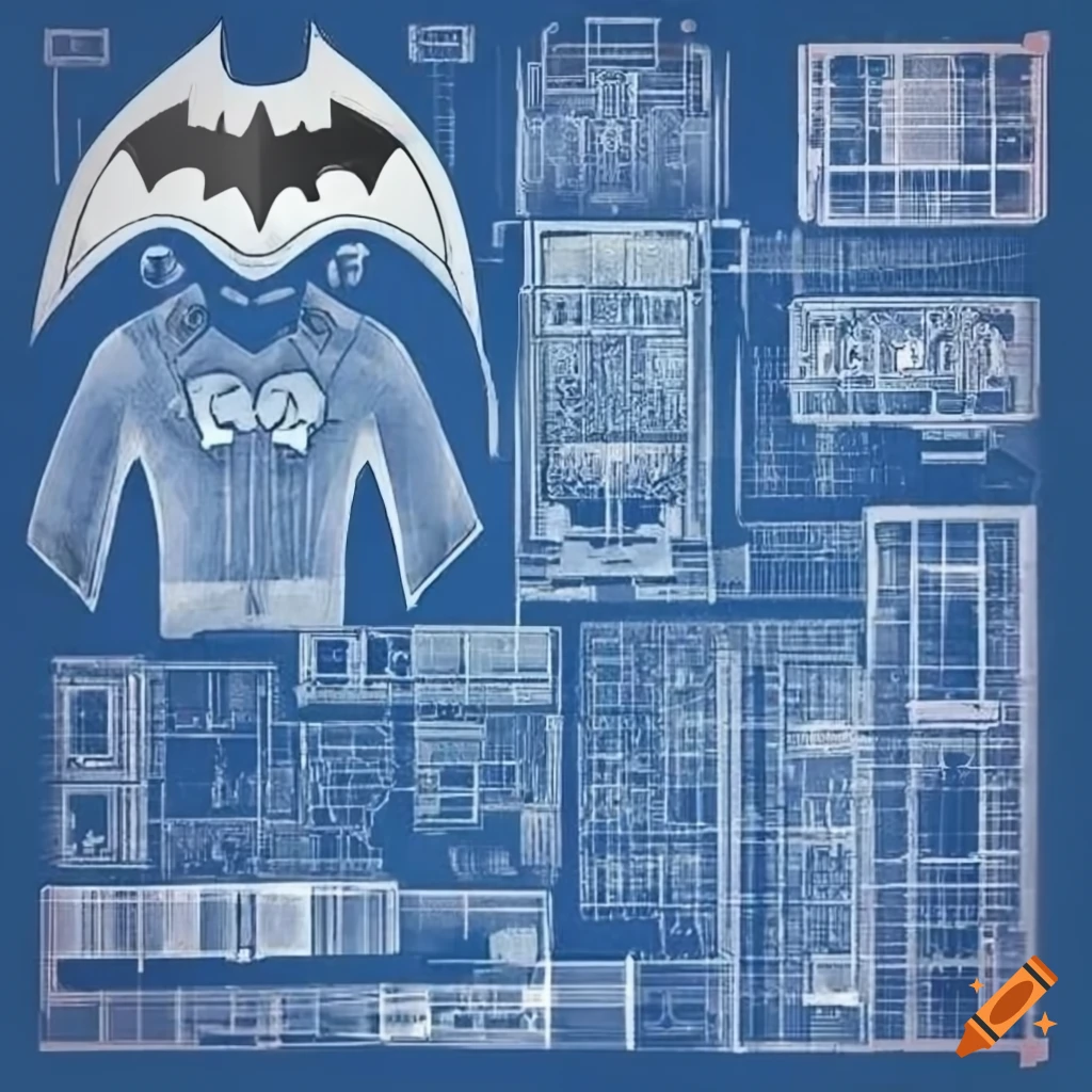 Batman blueprint showing materials and internal structures on Craiyon