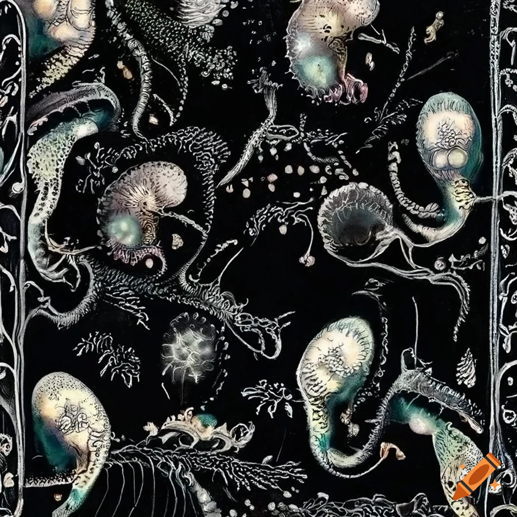 Intricate close-up of mermaids on the open sea with jellyfish and ...