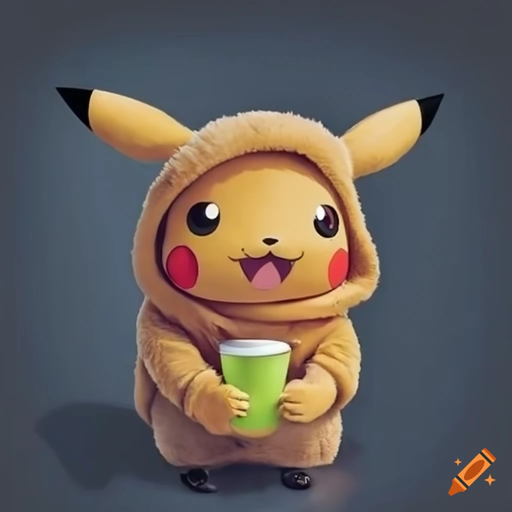 Pikachu in bear hoodie holding a cup of coffee on a European street on ...