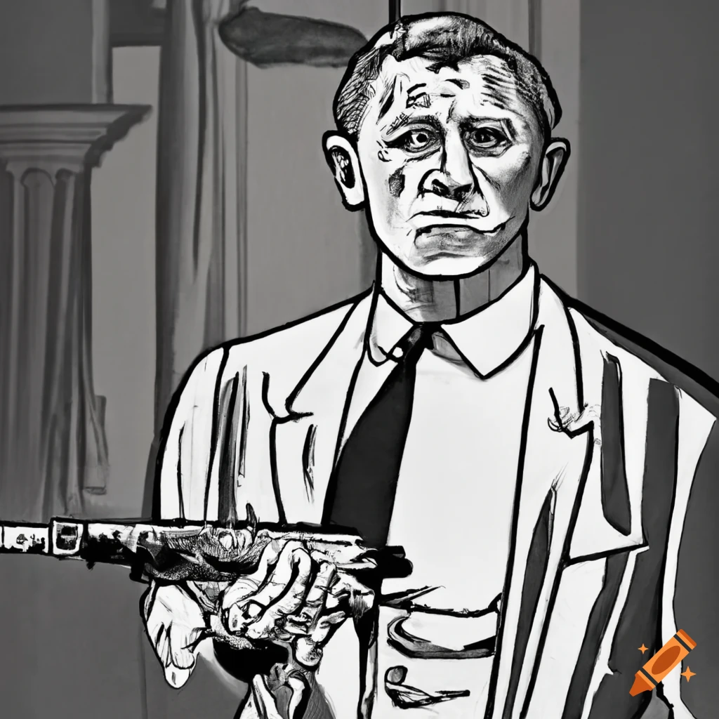 Cartoon depiction of James Bond in wobbly ink on Craiyon