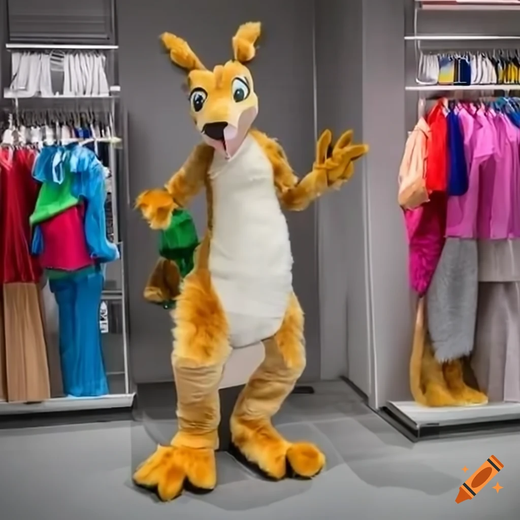Female retail workers in kangaroo mascot costumes at retail store on ...
