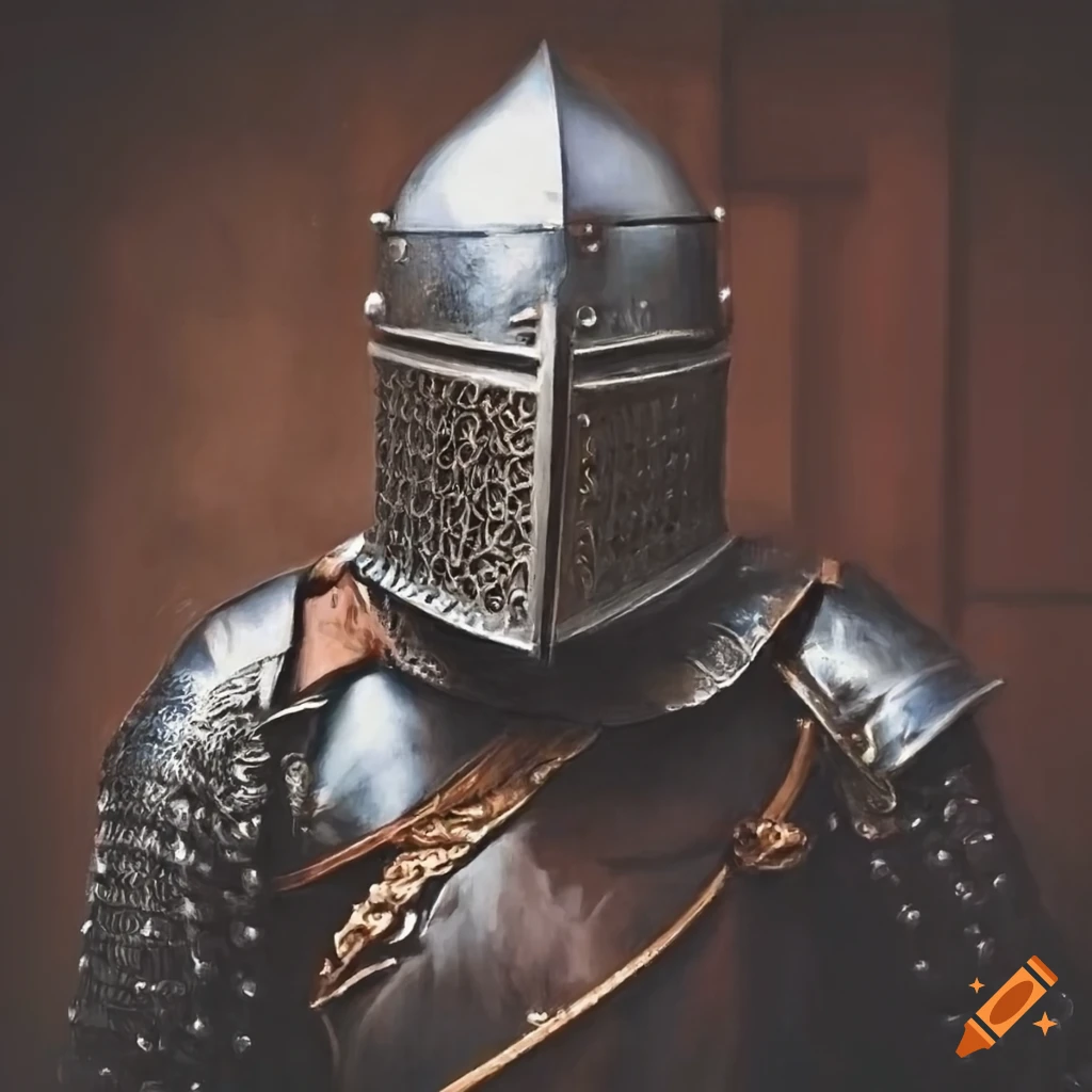Portrait of a knight wearing helmet looking right on Craiyon