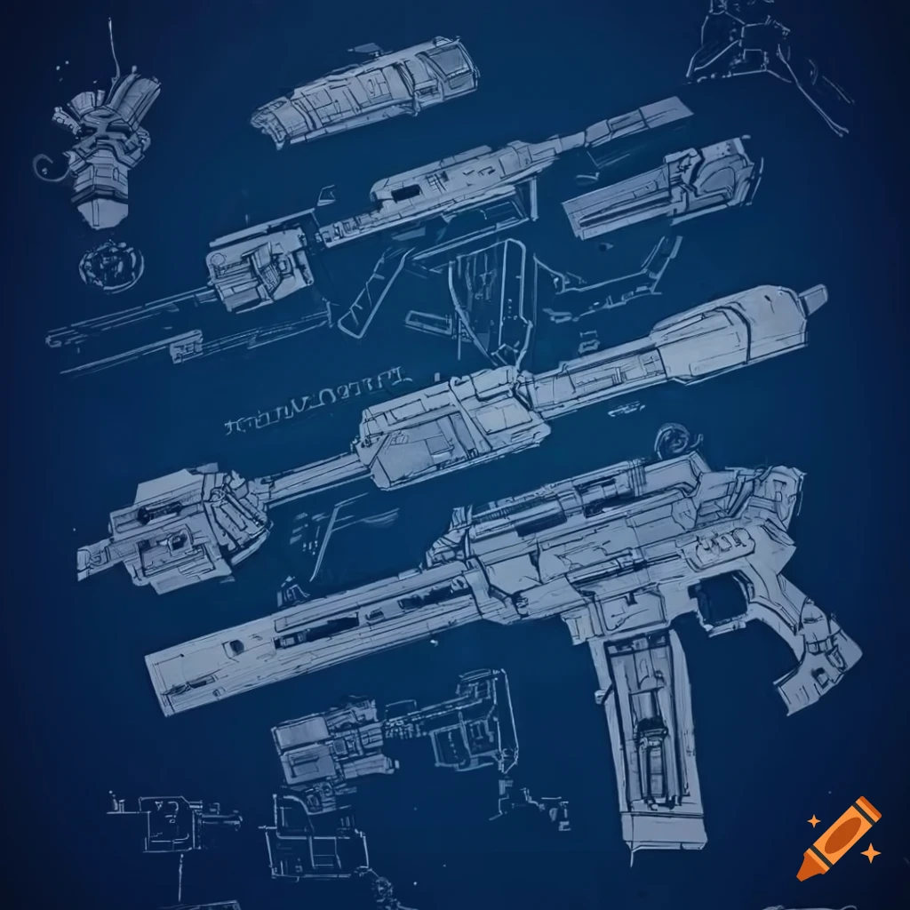 Detailed blueprint of a sci-fi weapons system on Craiyon