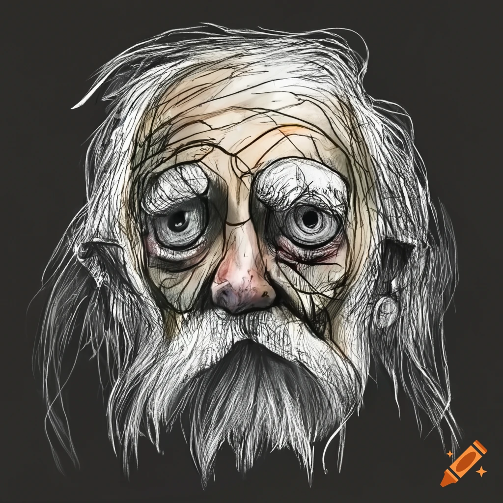 Abstract sketch of a wise old man with crazy hair on Craiyon