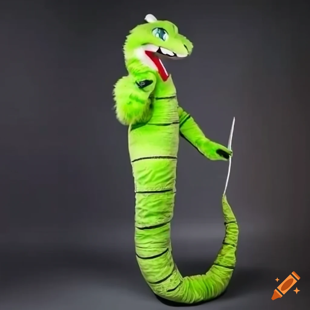 Father wearing a full body green snake mascot costume fursuit on Craiyon