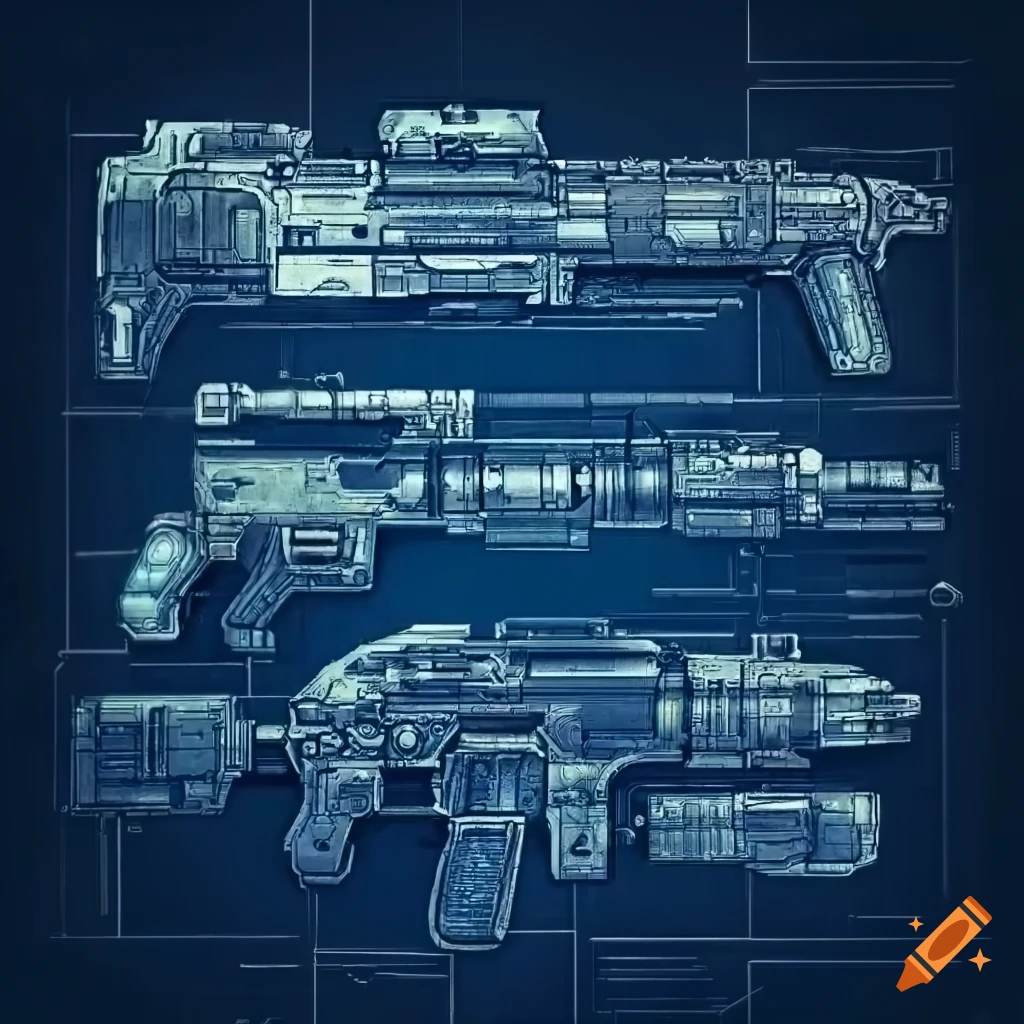 Detailed blueprint of a sci-fi weapons system on Craiyon