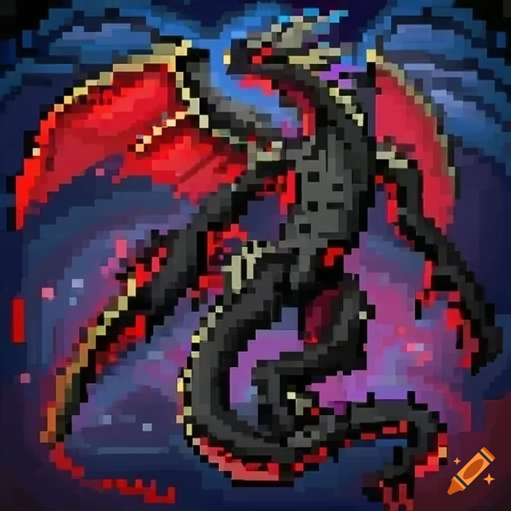 Epic pixel art of red-eyed black spirit dragon on Craiyon