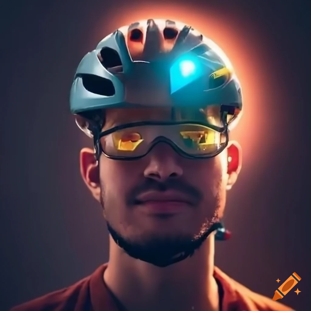Ingenious man creating a smart cycling helmet in a high-tech lab on Craiyon