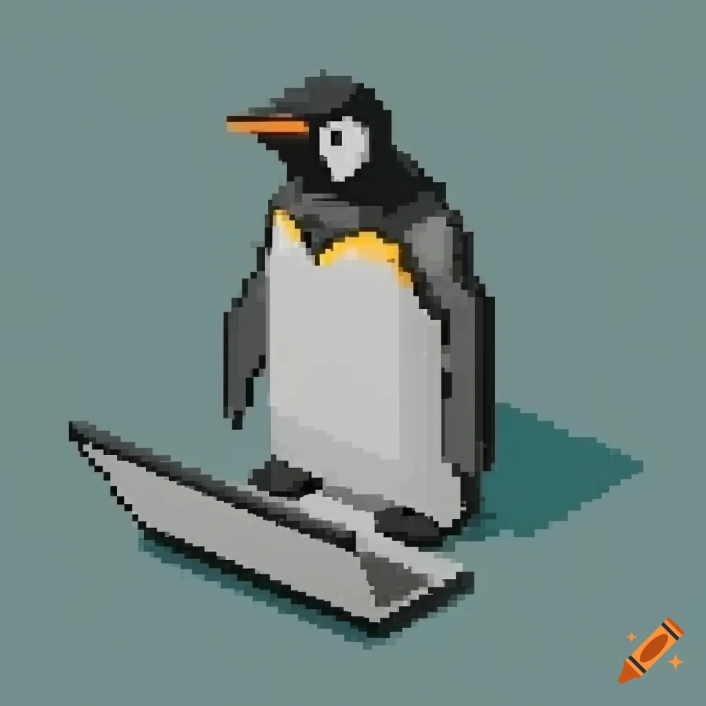 Emperor penguin with a laptop in isometric pixel art style on Craiyon