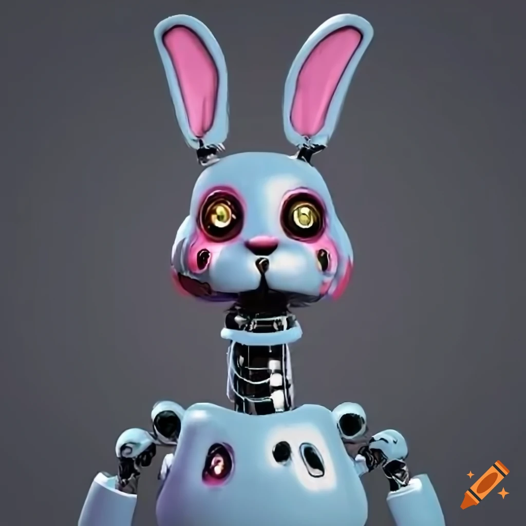 Robot bunny with withered appearance and missing face and arm on Craiyon